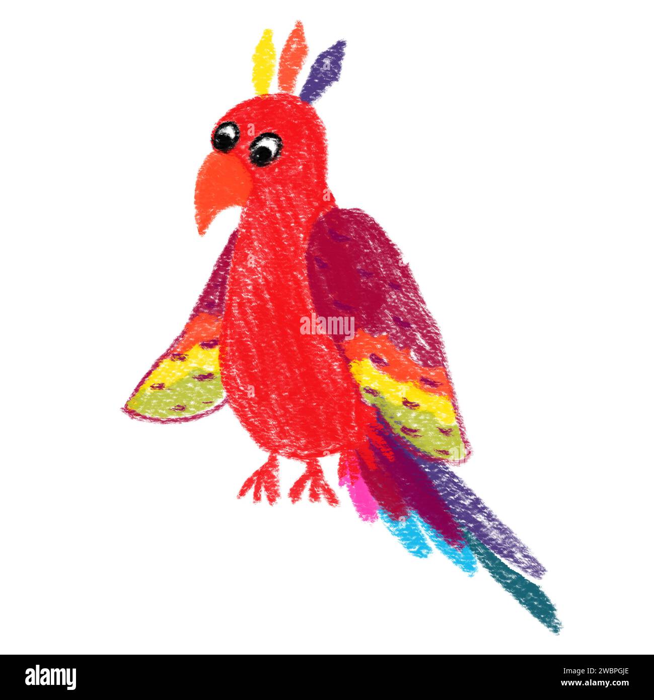 Hand-drawn simple colorful parrot on white background. Kid's drawings ...