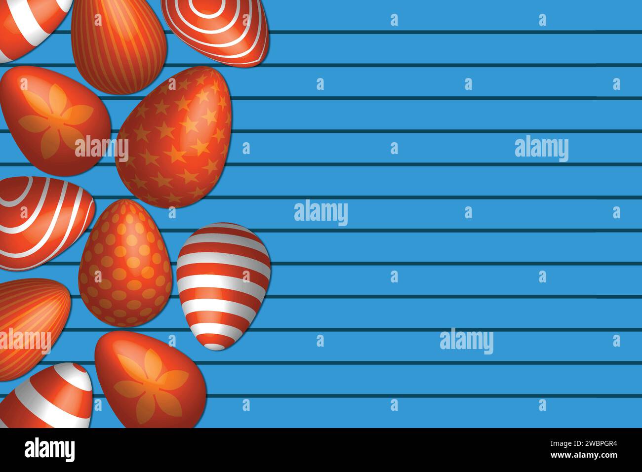 Easter egg side border against a blue wooden background. Vector ...