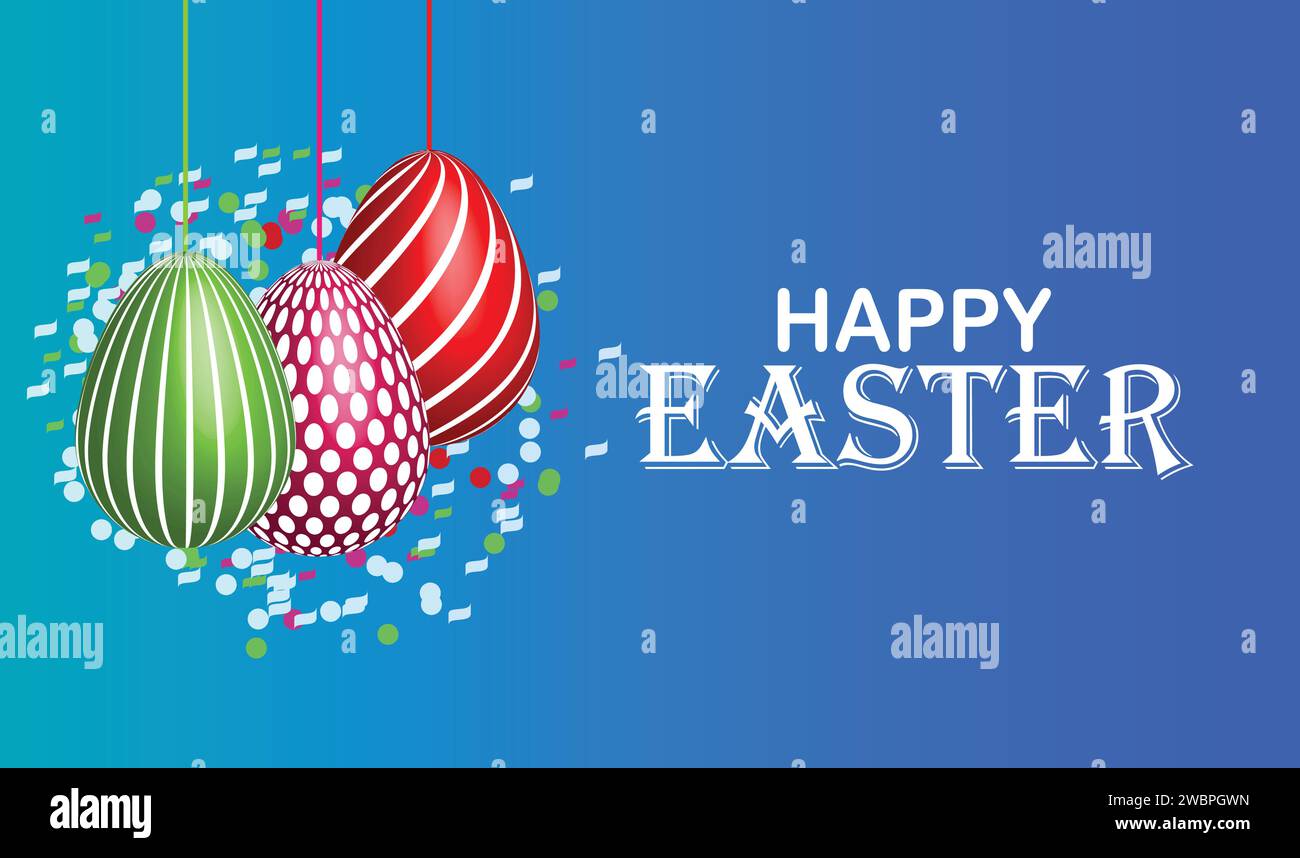 Happy Easter greeting card with colorful eggs on blue background ...