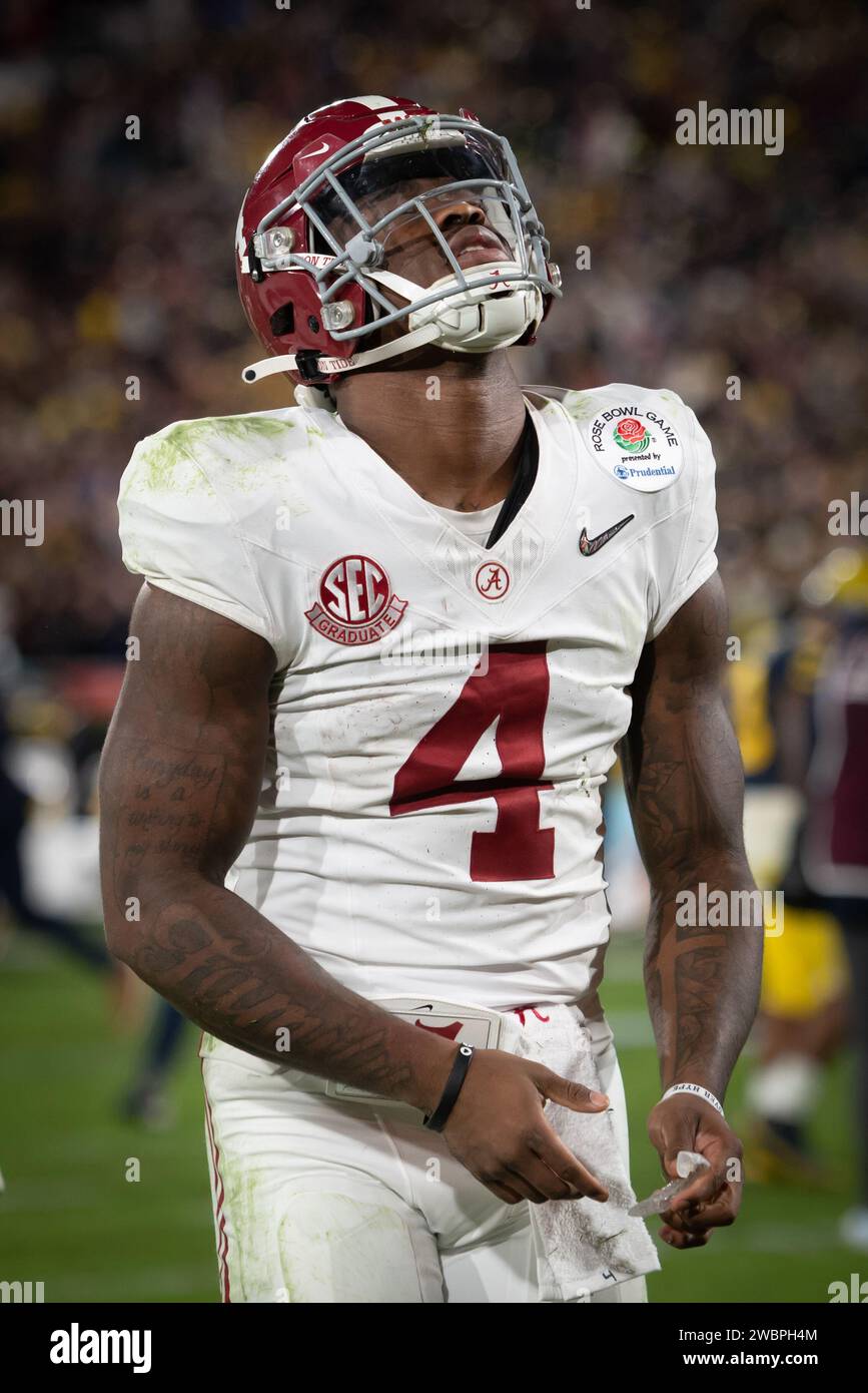 Pasadena, USA. 01st Jan, 2024. Alabama Crimson Tide quarterback Jalen Milroe (4) in the agony of ...