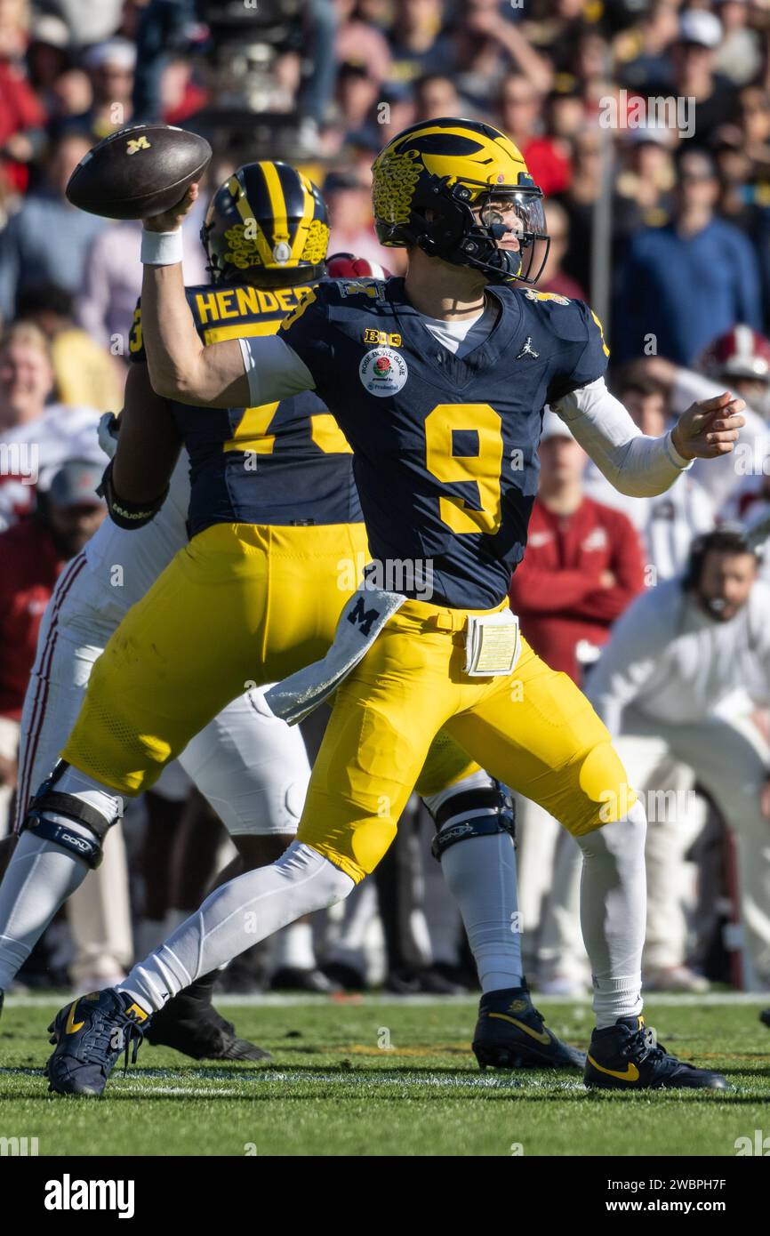 Pasadena, USA. 01st Jan, 2024. Michigan Wolverines quarterback J.J. McCarthy (9) in action ...
