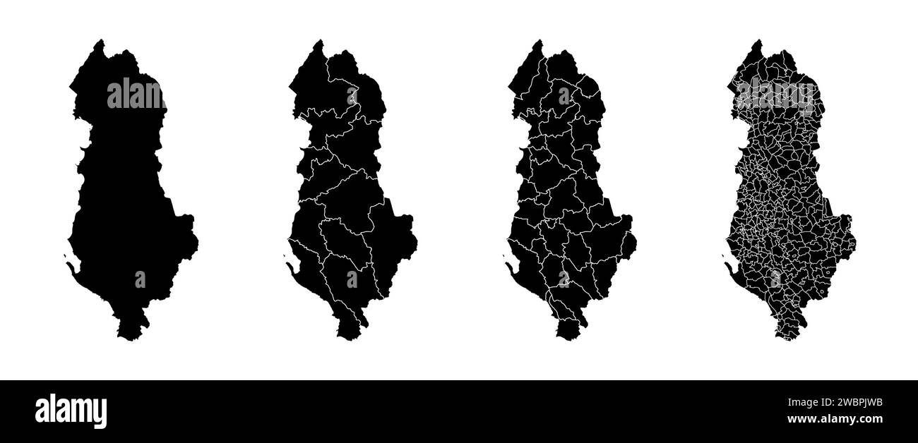 Set of state maps of Albania with regions and municipalities division ...