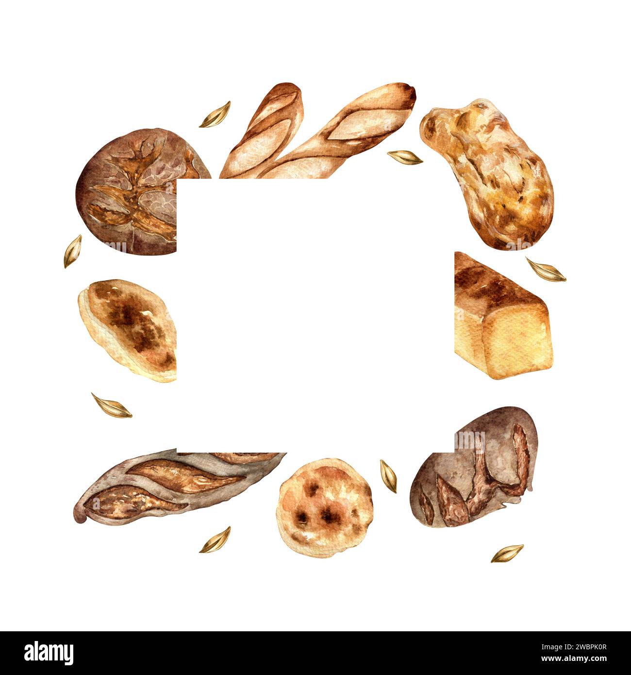 Frame of variety bread watercolor isolated on white. Hand drawn rye ...