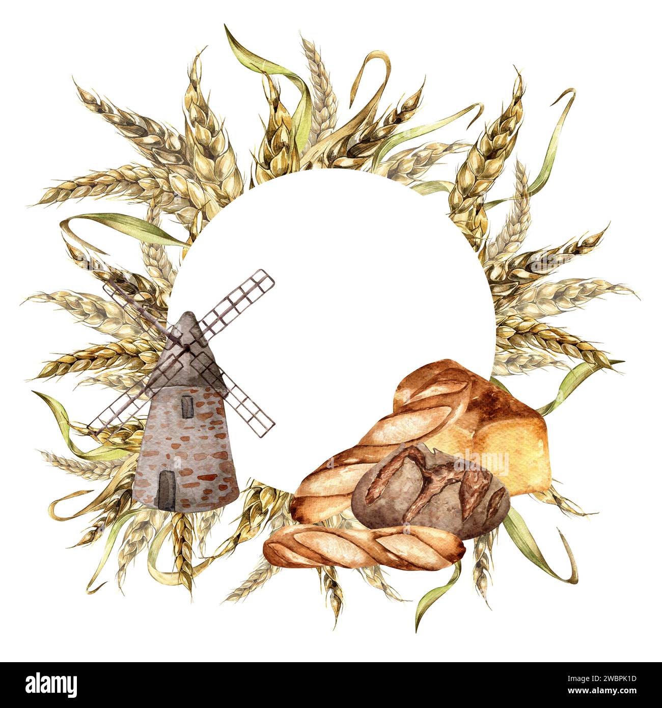 Circle frame of wheat ears and bread watercolor illustration isolated ...