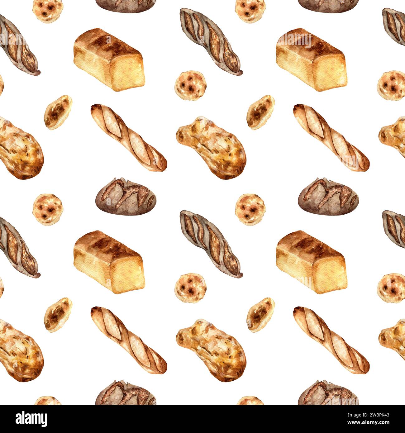 Variety bread watercolor seamless pattern isolated on white. Hand drawn ...
