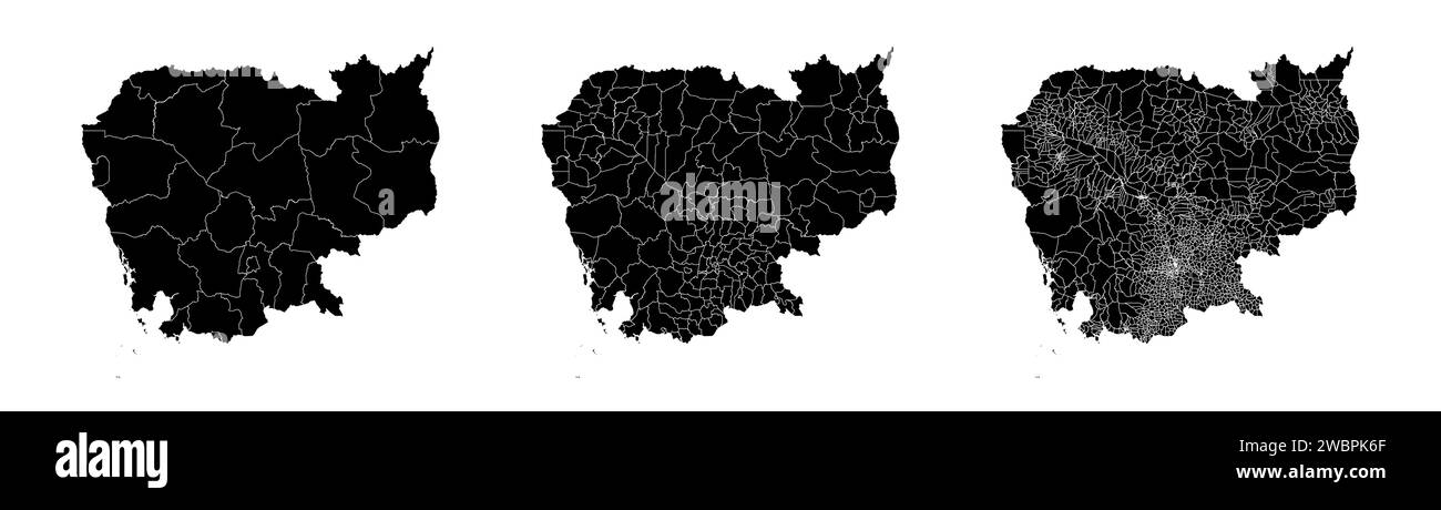 Set of state maps of Cambodia with regions and municipalities division ...