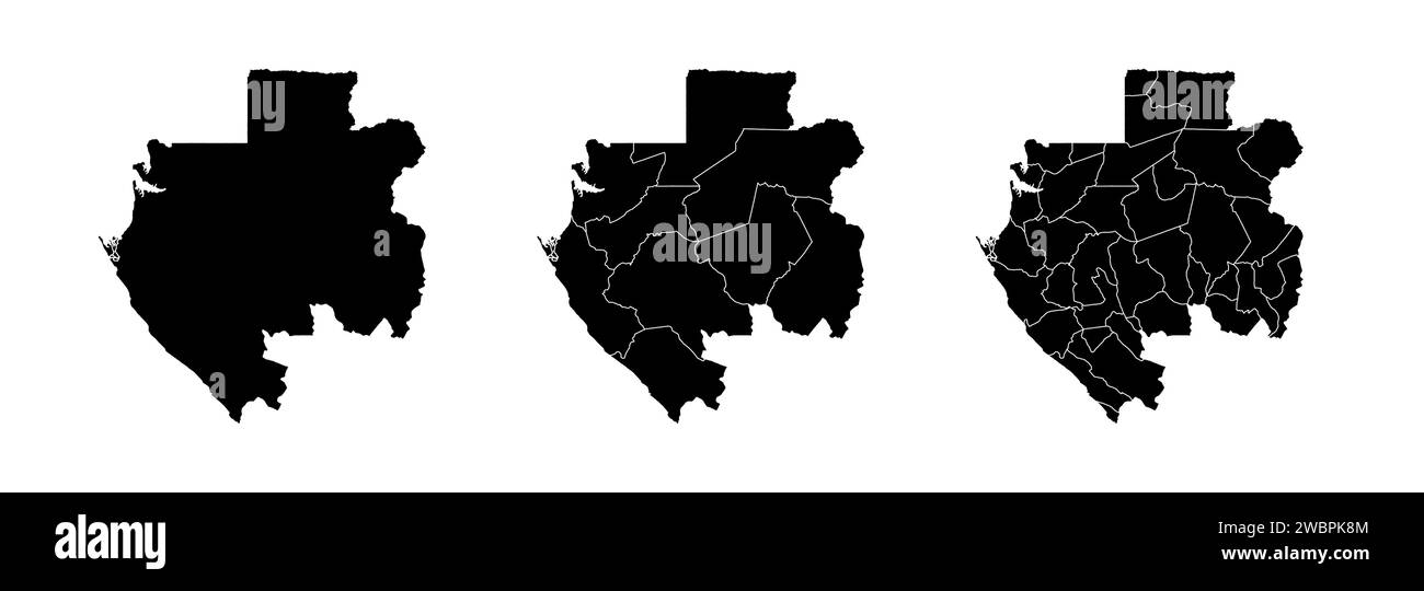 Set of state maps of Gabon with regions and municipalities division ...