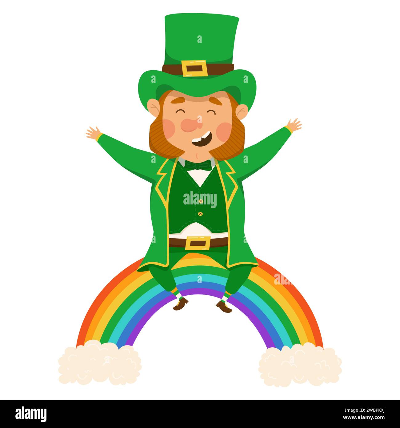 Funny and cute leprechaun on the bright rainbow. Vector illistration ...