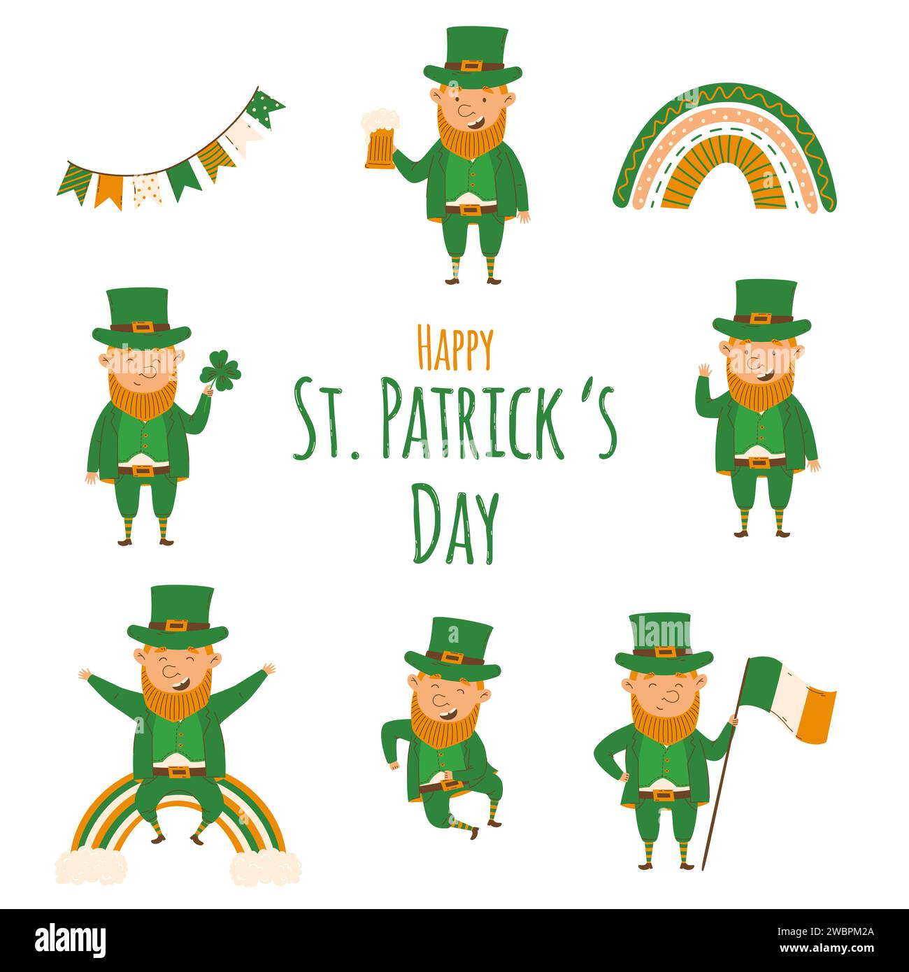 St. Patrick's Day set of happy leprechauns in a flat minimalistic style ...