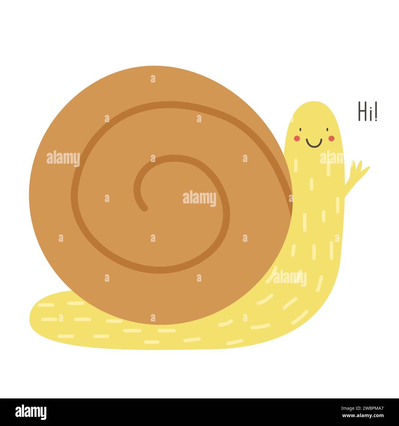 A cute snail waves and greets. Vector illustration of a kawaii snail ...