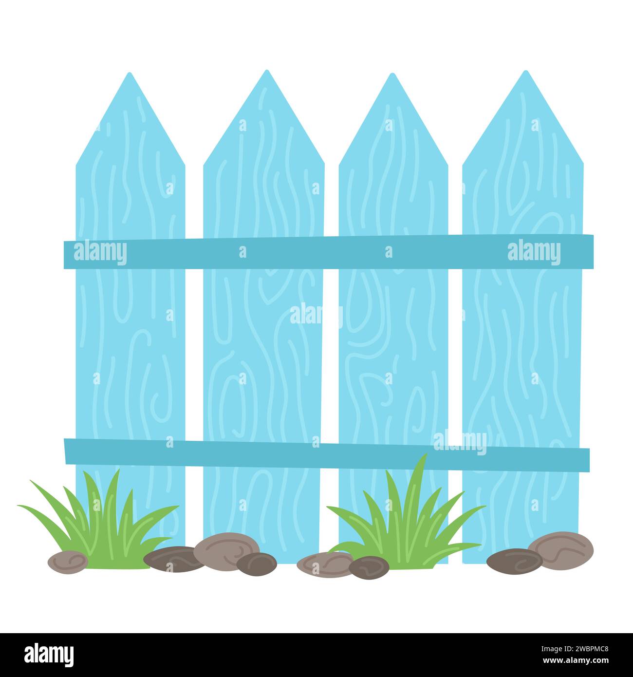 Bright blue fence overgrown with grass and stones. Wooden fence vector ...