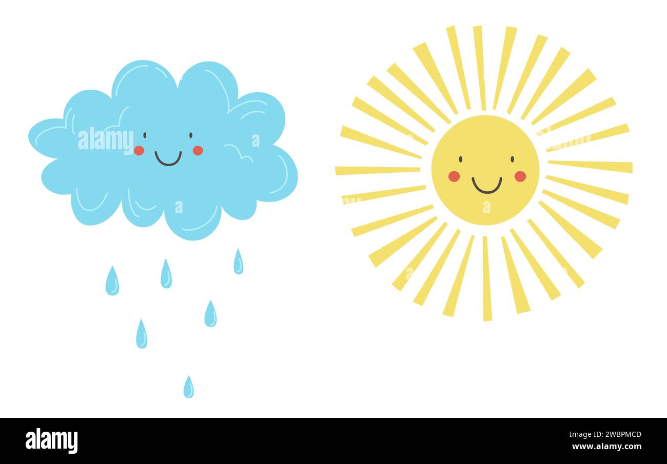 Positive sun and cloud vector illustration in flat style. Sticker sun ...