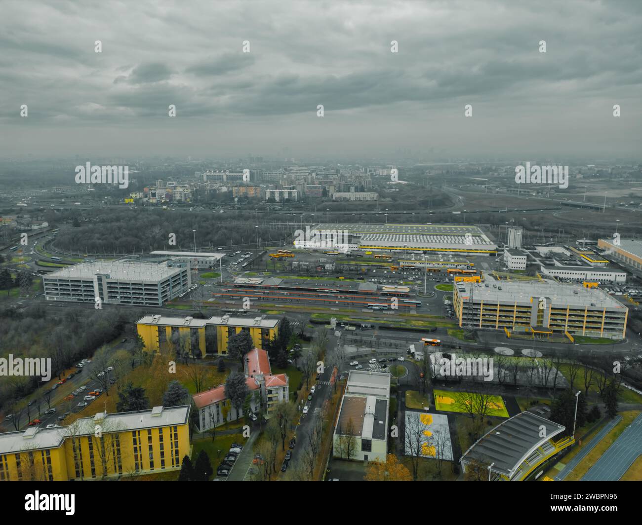 Cityscape top view. Italian city view from a drone Sunset in cloudy ...