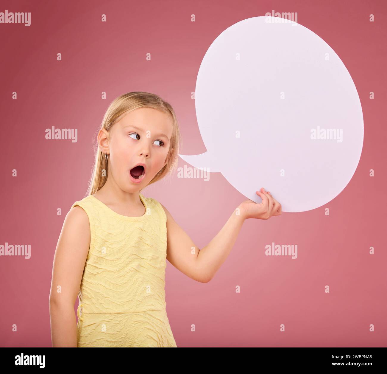 Speech bubble, shock and portrait of child on pink background for news ...
