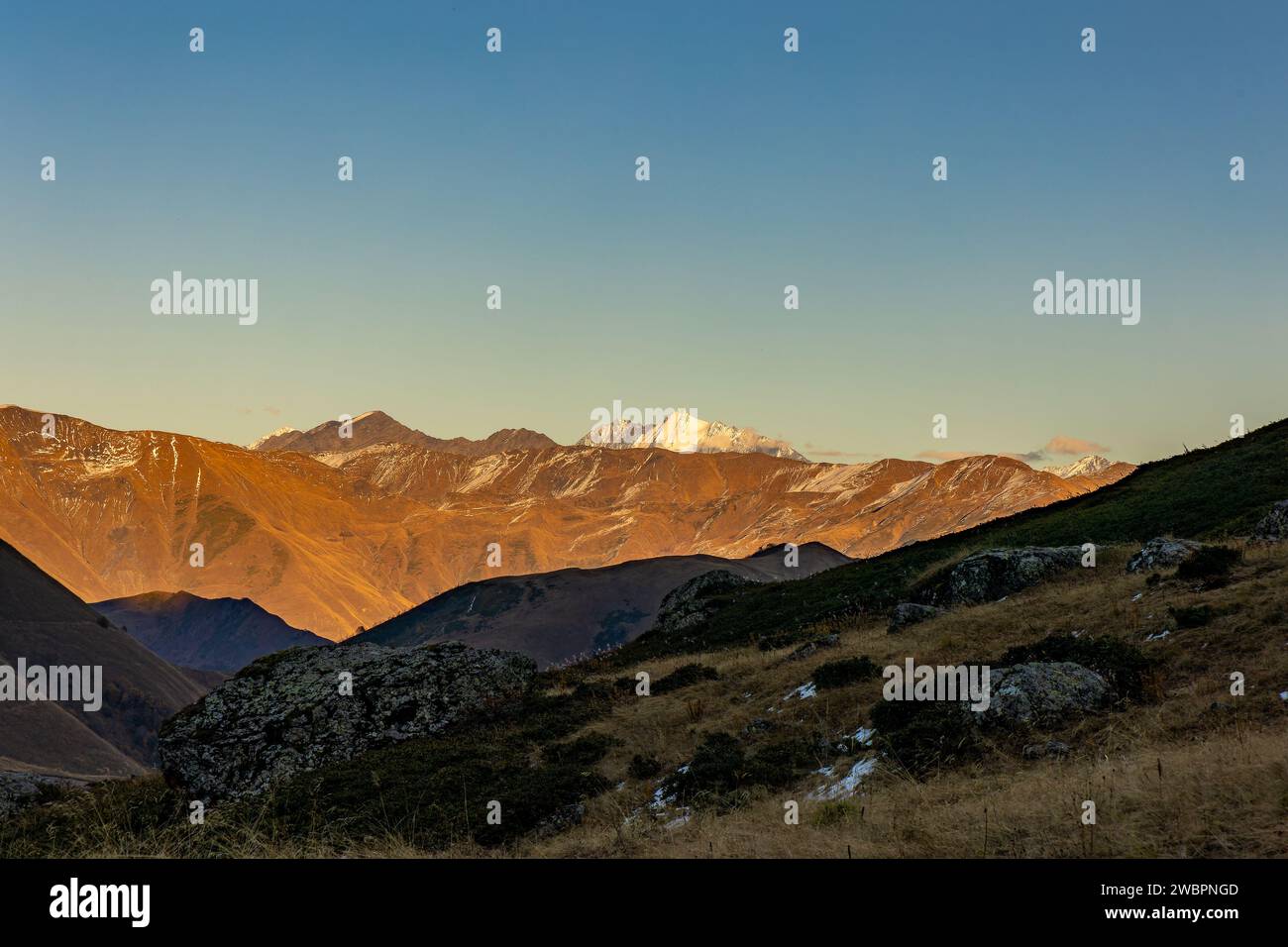 A stunning view of the majestic high mountains of Roshka, Georgia, and ...