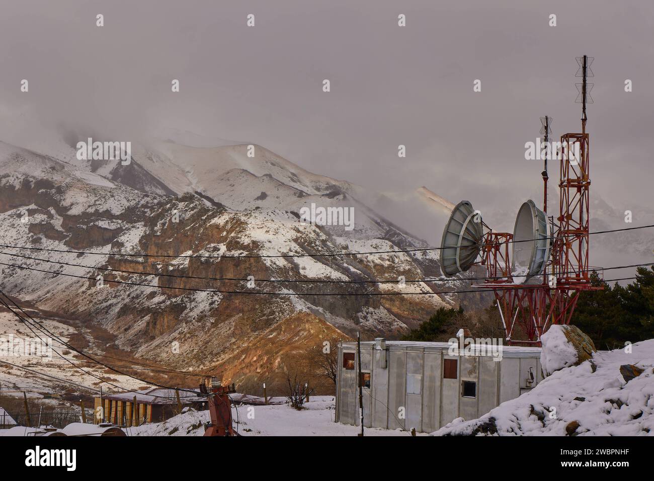 A group of antennas covered in a light dusting of snow in Georgia ...