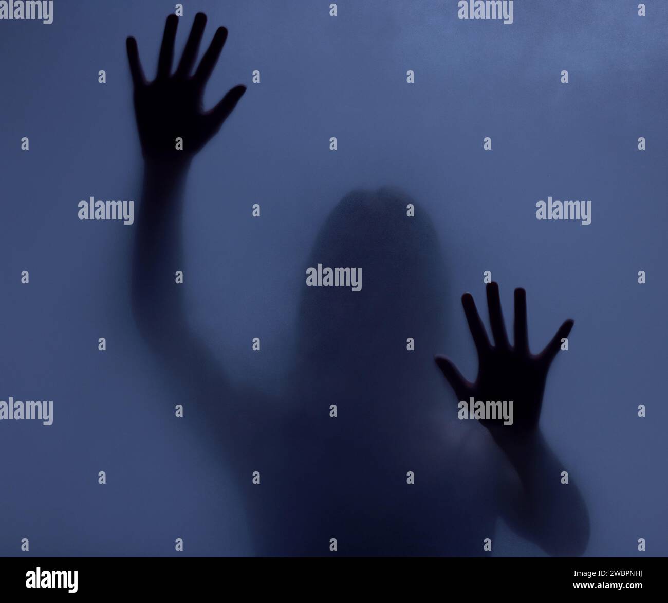 Horror, mystery and shadow of a woman on a window for fear, escape or ...