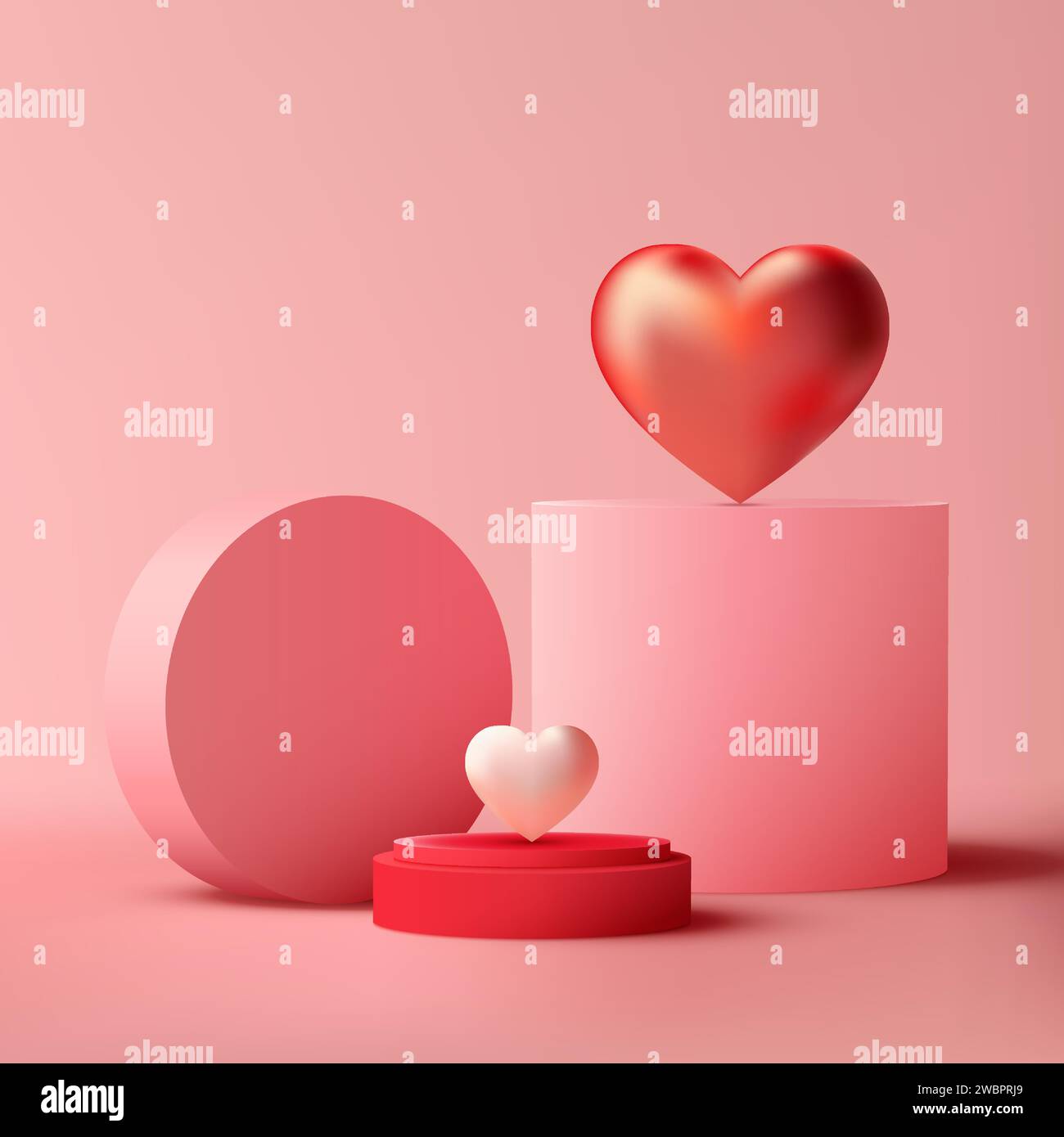 3D Valentine's Day podium mockup. Pink and red hearts, modern geometry ...