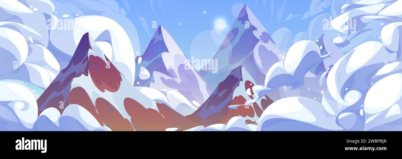 Rocky mountain landscape with clouds. Vector cartoon illustration of ...