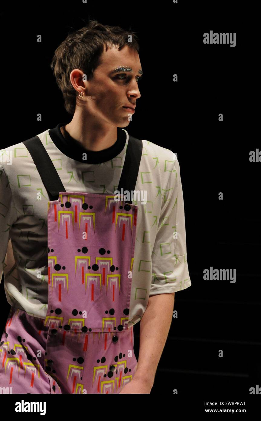 Men's Runway Fashion, purple Bib and Brace over geometric print tee ...
