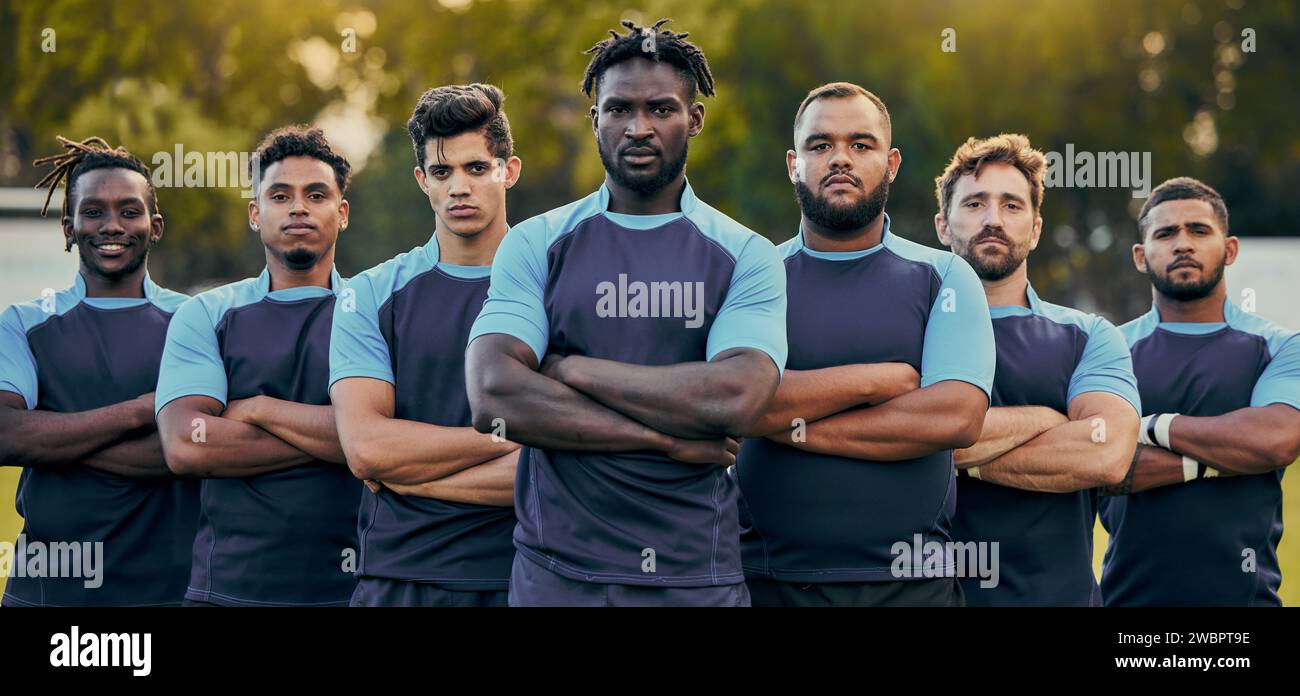Rugby, men and portrait of team with serious expression, confidence and ...