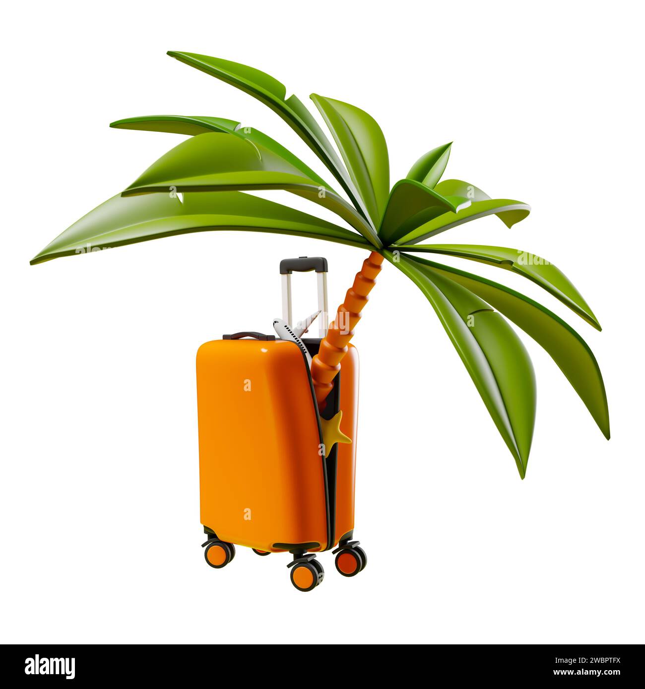 Palm tree, starfish, and a plane sticking out of suitcase on white ...
