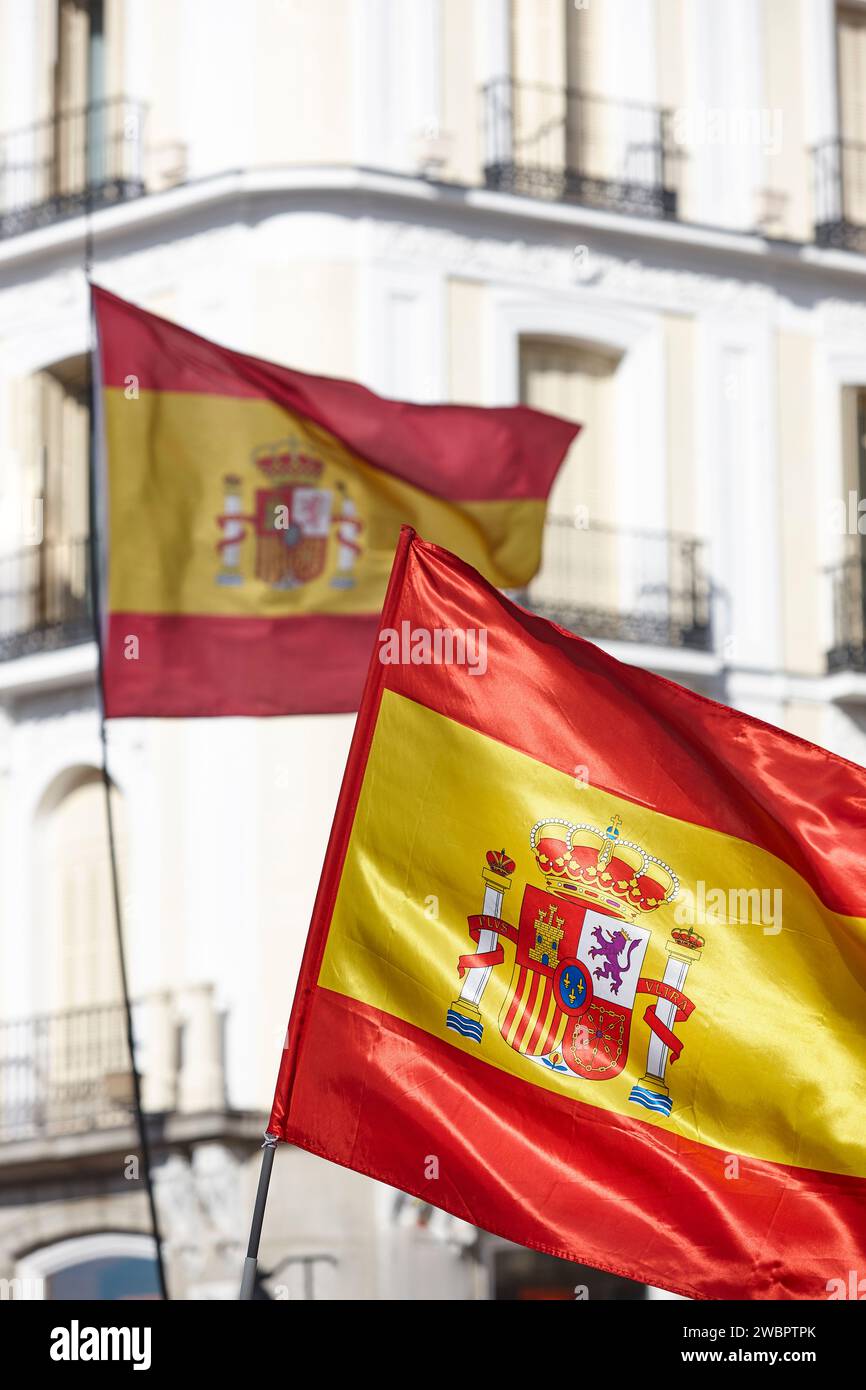 Spanish flags and coat of arms. Nation emblem. Spain Stock Photo - Alamy