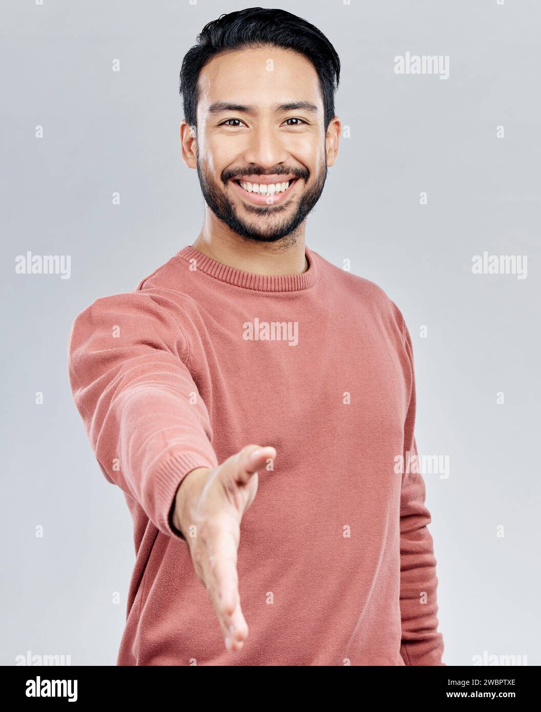 Asian man, portrait smile and handshake for meeting, deal or ...