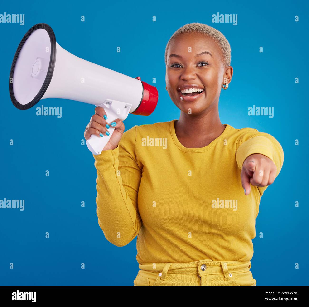 Black woman, megaphone and pointing, protest and voice, freedom of ...