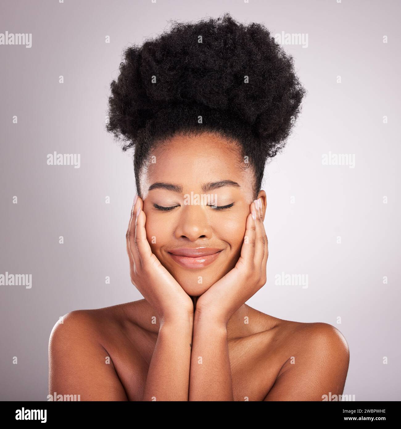 Skincare, beauty and black woman with satisfaction, confidence and ...