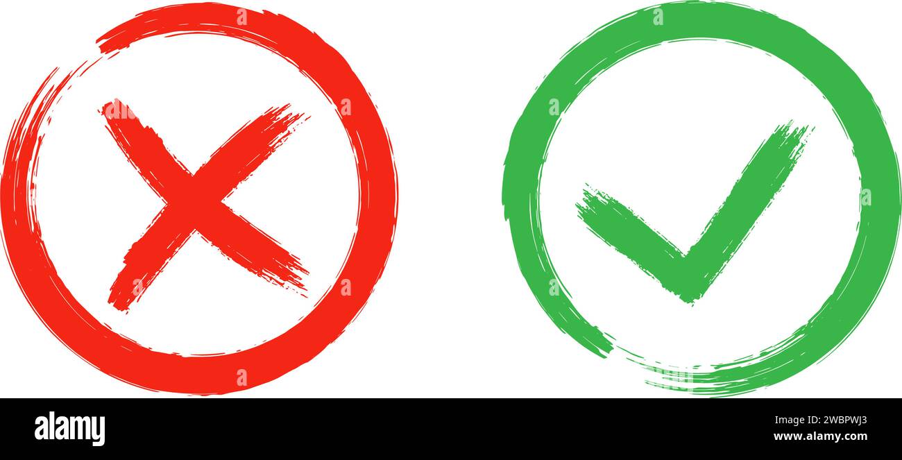 Two dirty grunge cross x and tick OK check marks in check boxes, hand ...