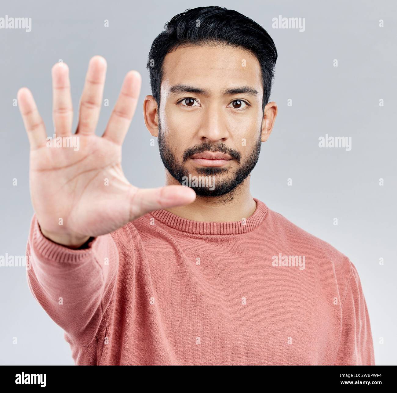 Portrait, five and hand for stop, Asian man and warning with serious ...