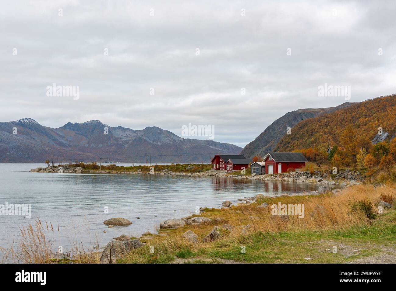 Panorama, Haus am See, Ferienhaus am Meer, Herbststimmung in Norwegen, Ruhe am Strand des ...