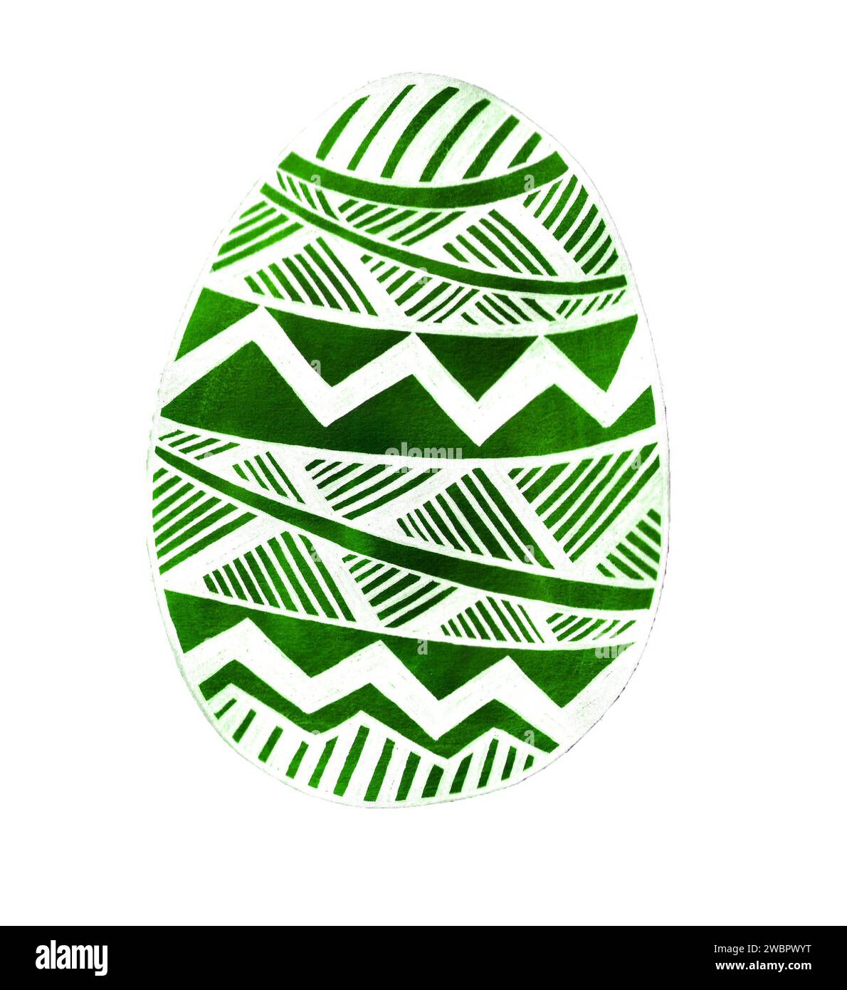 Easter egg painted with a geometric ornament. Green. Lines of different ...