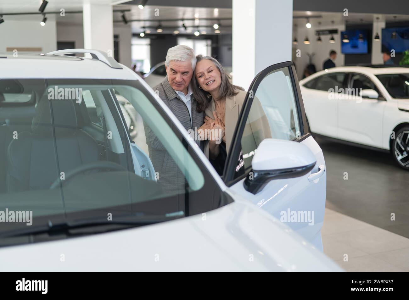 An elderly Caucasian couple chooses a new car at a car dealership Stock ...