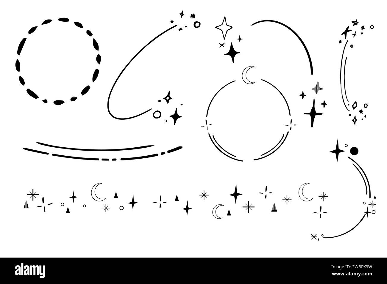 Set star sparkle silhouette celestial line frames abstract shape borders isolated on white ...