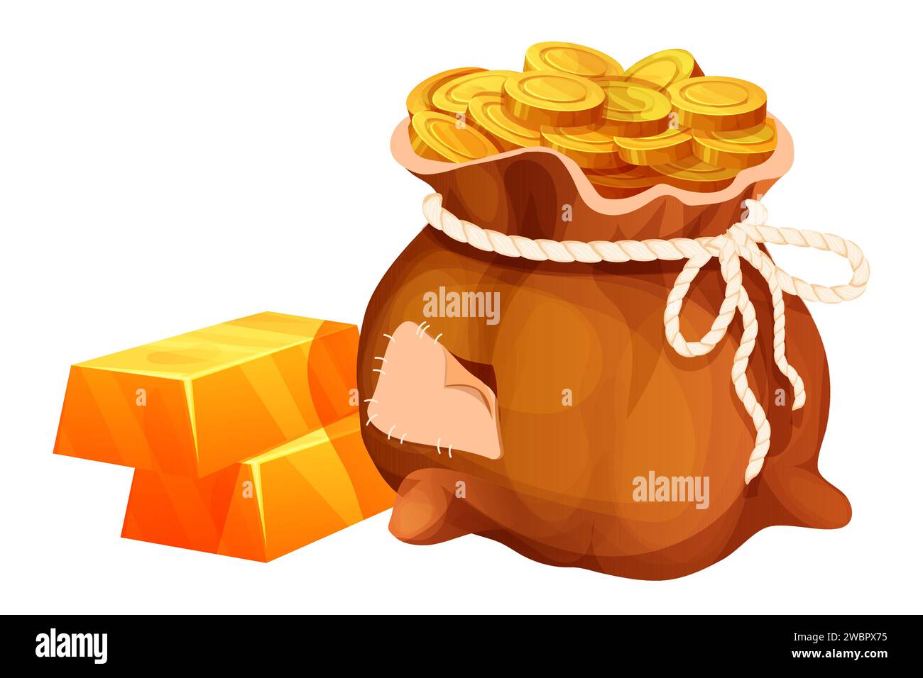 Sack with gold coins, stack of golden bricks, shiny treasure in cartoon ...