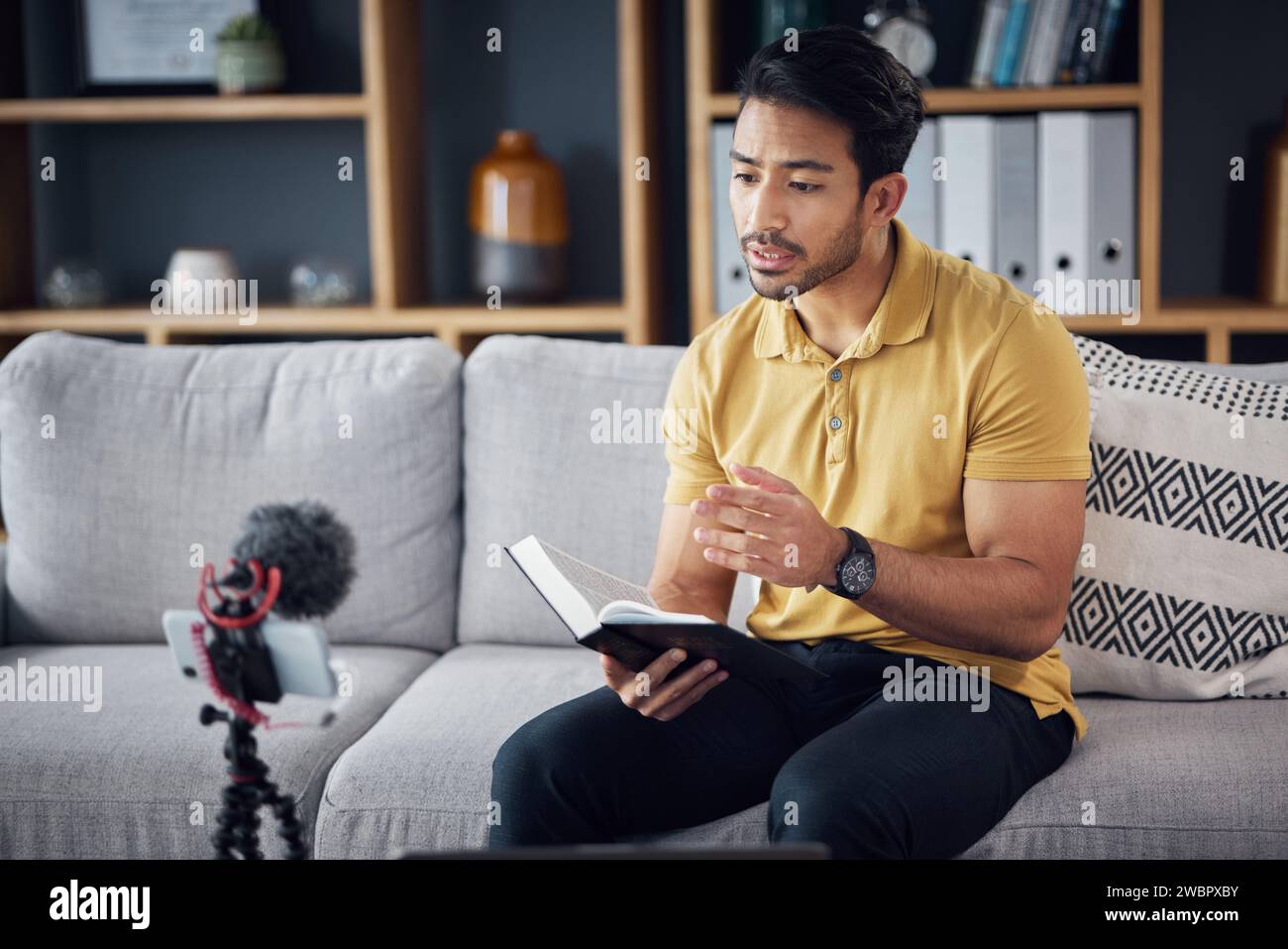 Podcast, bible study and phone with a man online to preach or reading ...