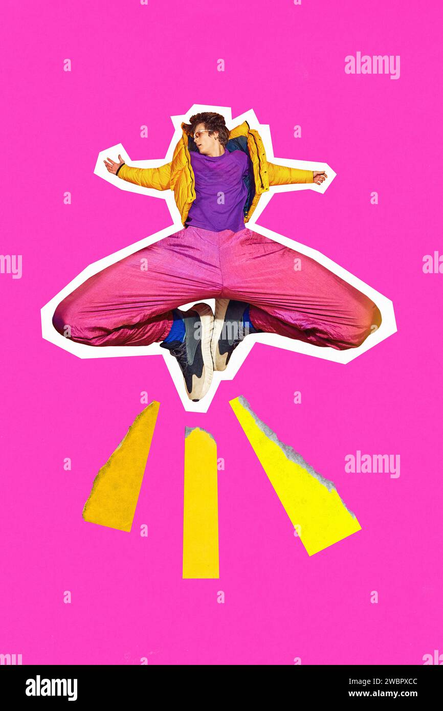 Contemporary art collage. Legs in Abstract. focusing man with elongated ...