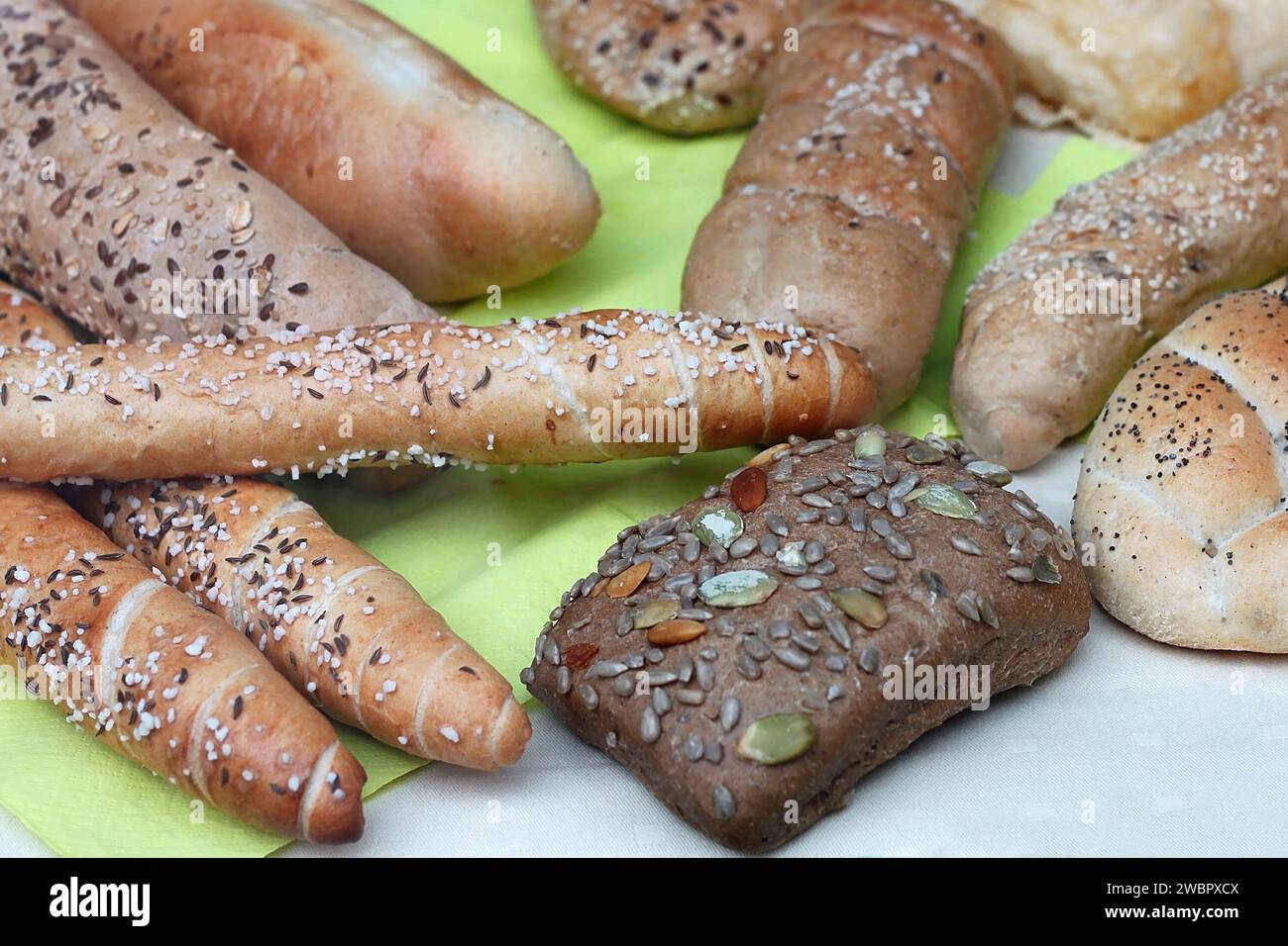 A display of various types of bread in a bakery Stock Photo - Alamy