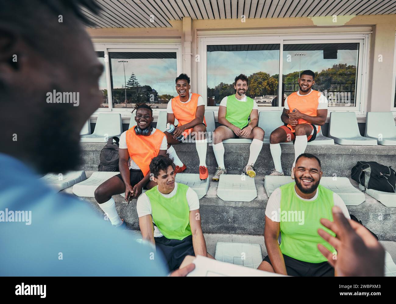 Rugby team, coaching and group of people with strategy for event, game ...