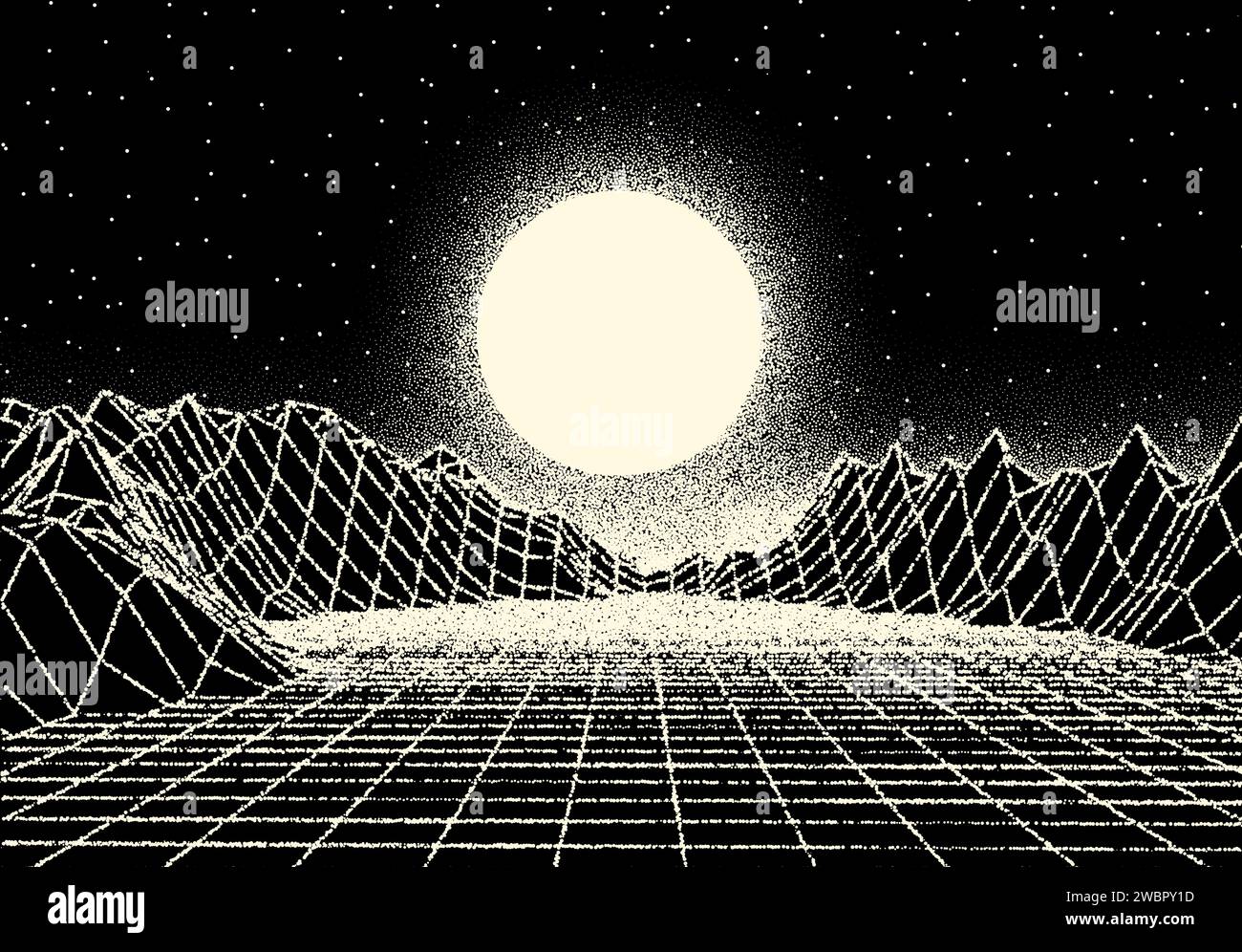 Retro dotwork landscape with 80s styled sun, grid mountains and stars ...