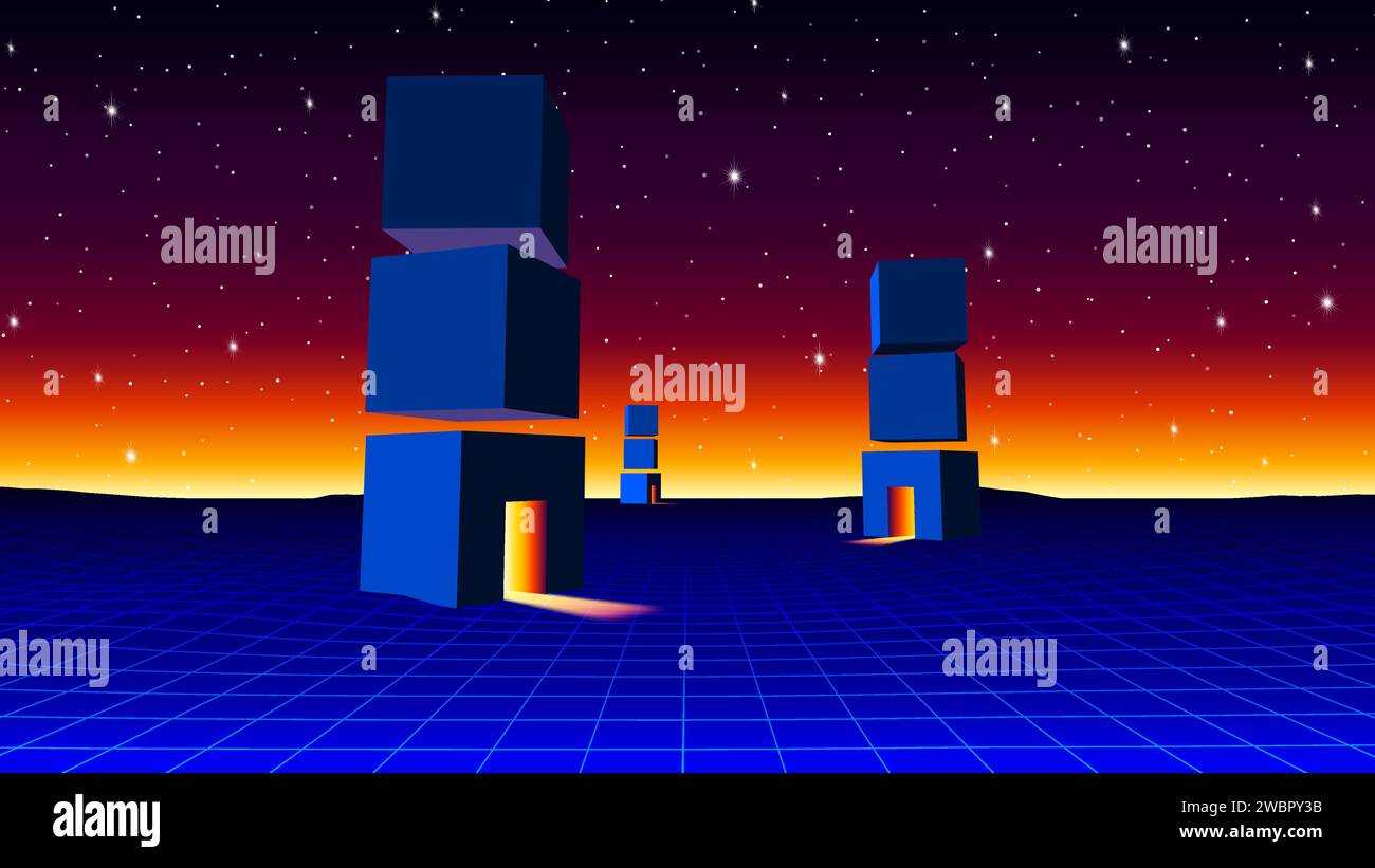 Futuristic landscape with portal cubes architectural abstraction. 80s ...