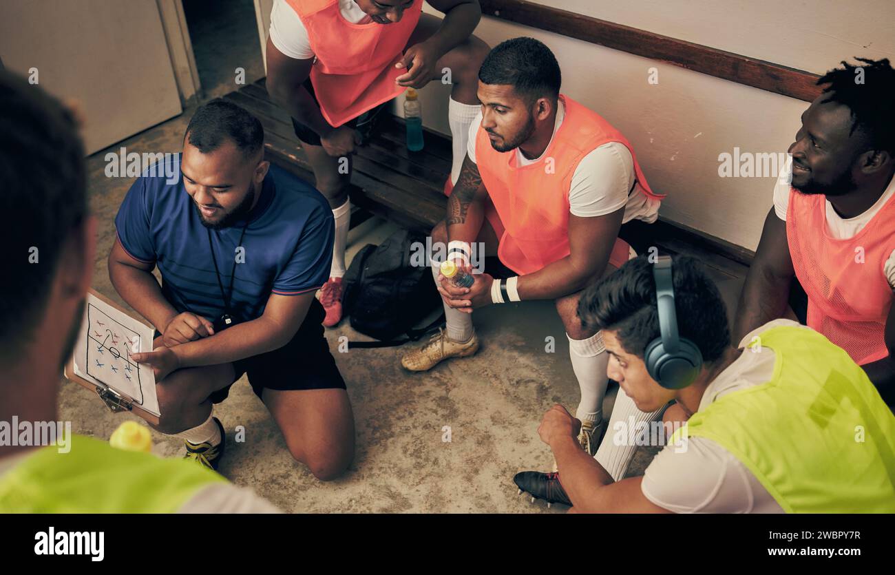 Locker room, strategy and rugby team with coach in discussion or game ...