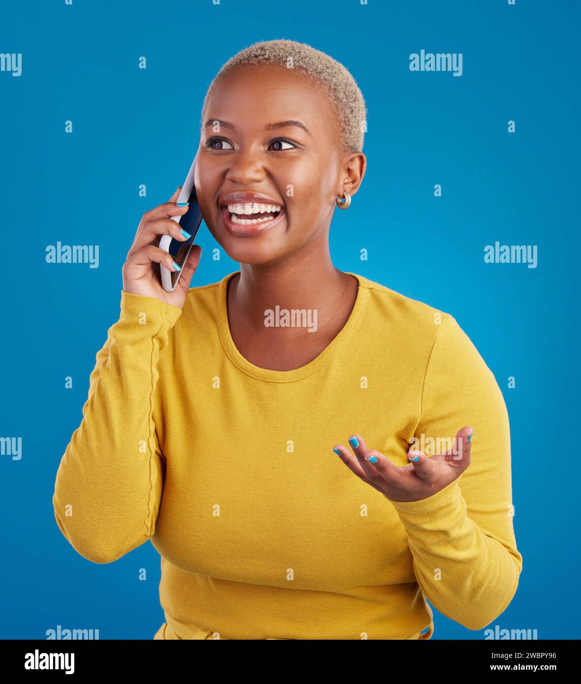 Phone call, excited and black woman talking in studio for social ...