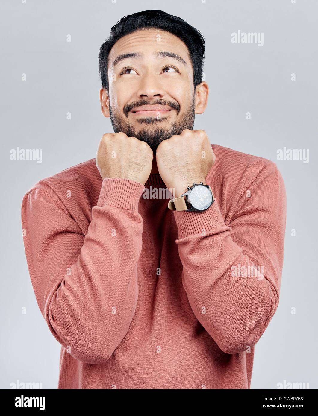 Happy, looking and a handsome Asian man thinking isolated on a white ...