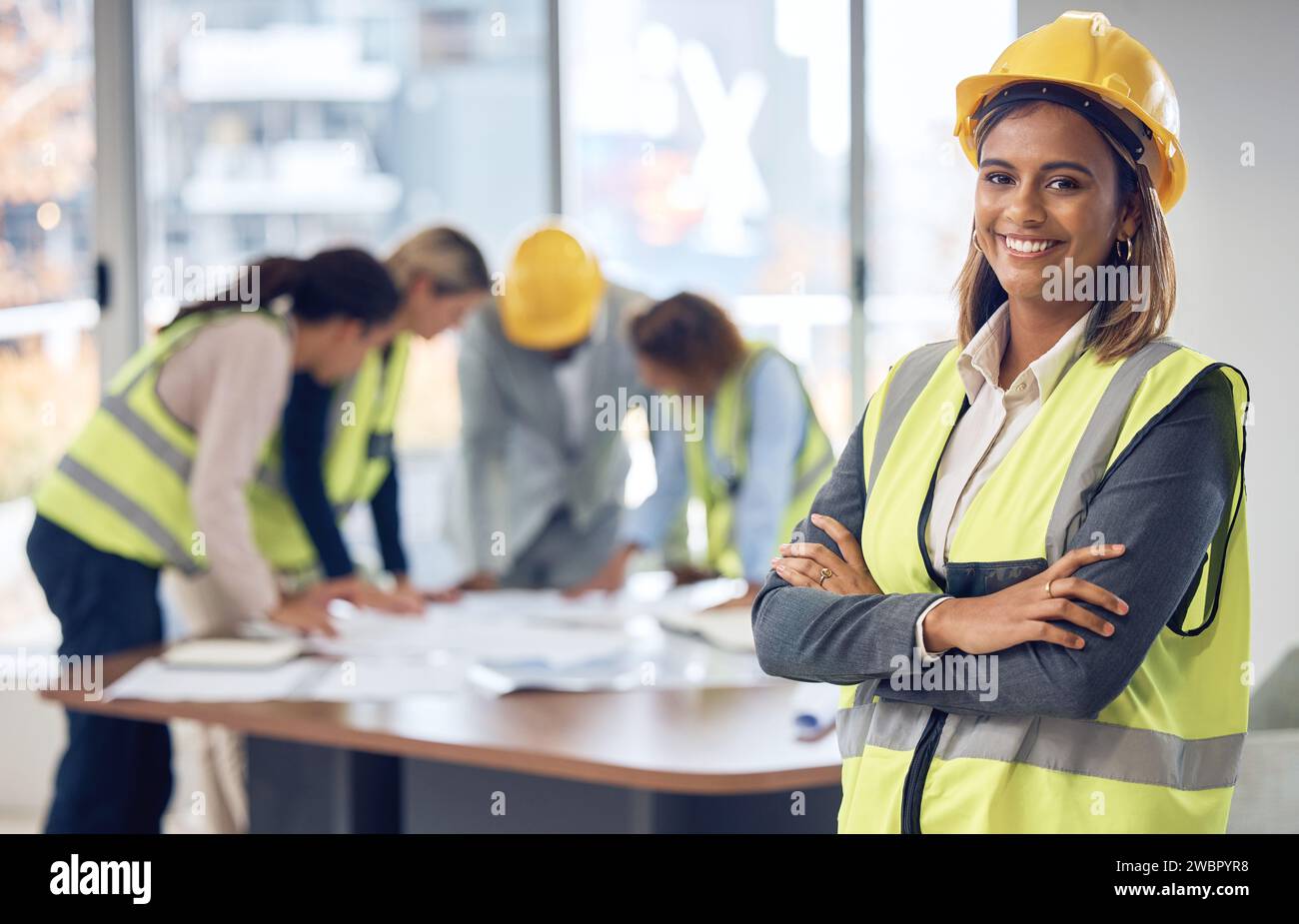 Proud engineering portrait of woman with project management, industry ...