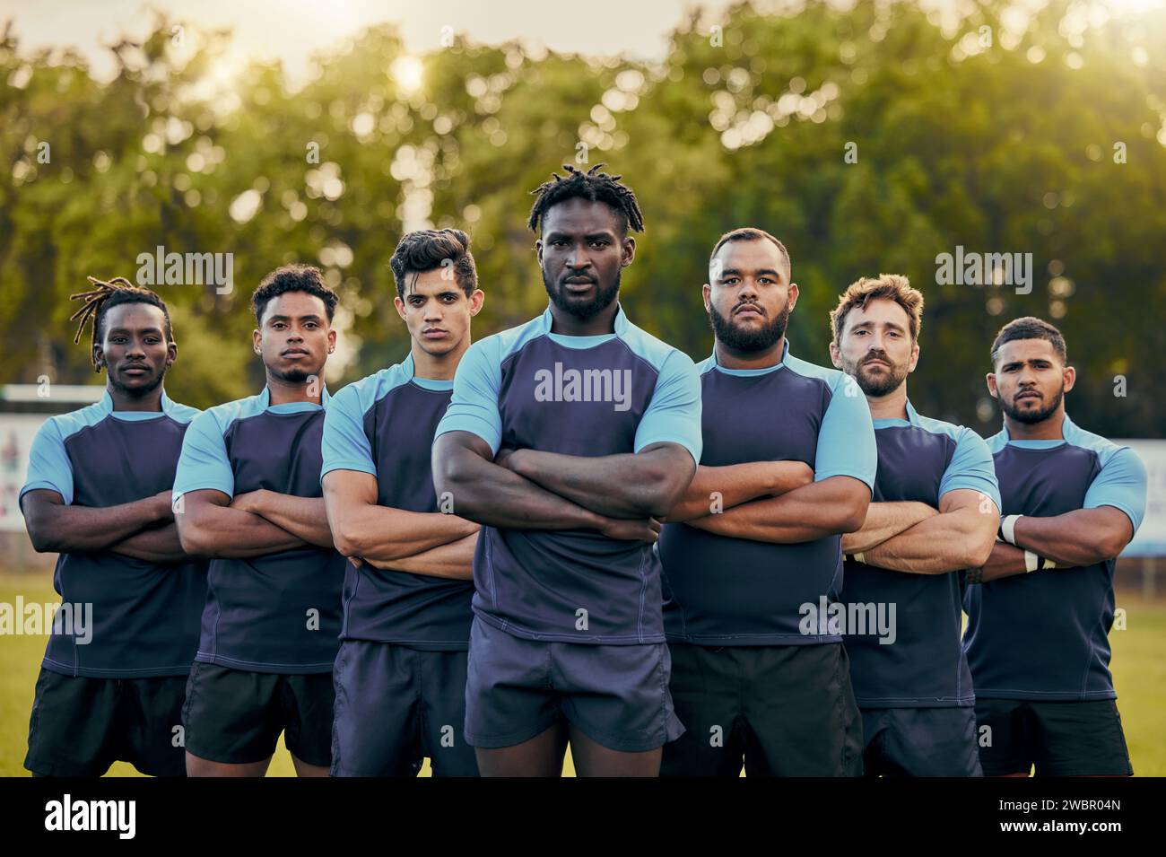 Rugby, power and portrait of team of men with serious expression ...