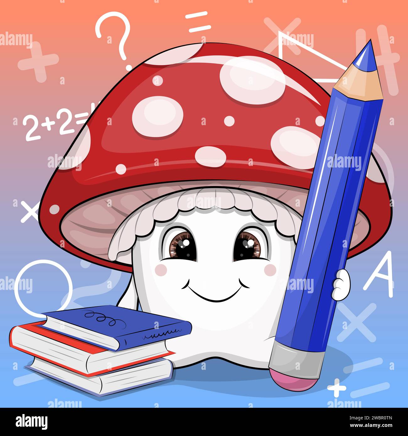 Cute cartoon mushroom with a big blue pencil and books. School vector ...