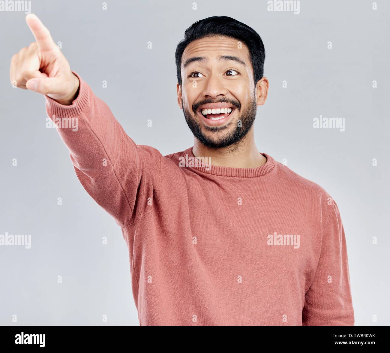 Mockup, smile and Asian man pointing, promotion and product placement ...